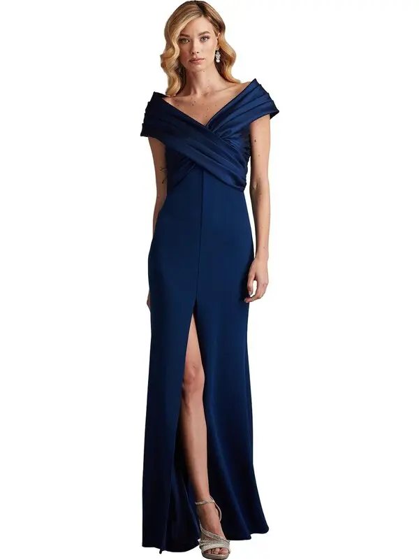 Tadashi Shoji Benz Pleated Portrait Collar Gown - Navy