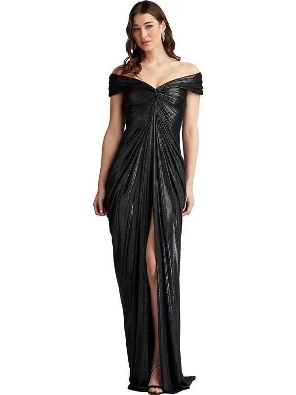 Tadashi Shoji Hera Pleated Lamé Gown - Titanium
