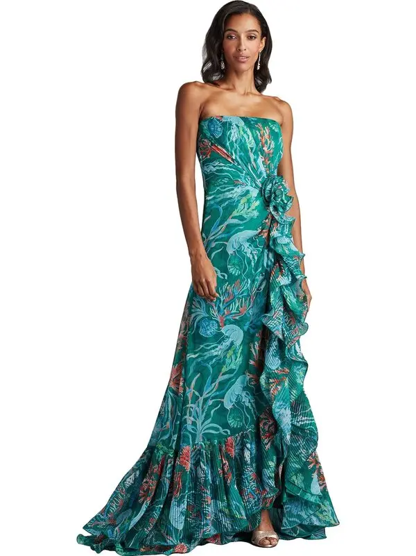 Tadashi Shoji Morwenna Oceanic Print Ruffle Gown - Bamboo