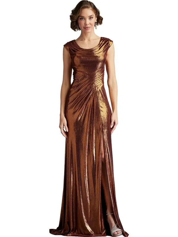 Tadashi Shoji Houghton Metallic Crisscross Draped Gown - Copper