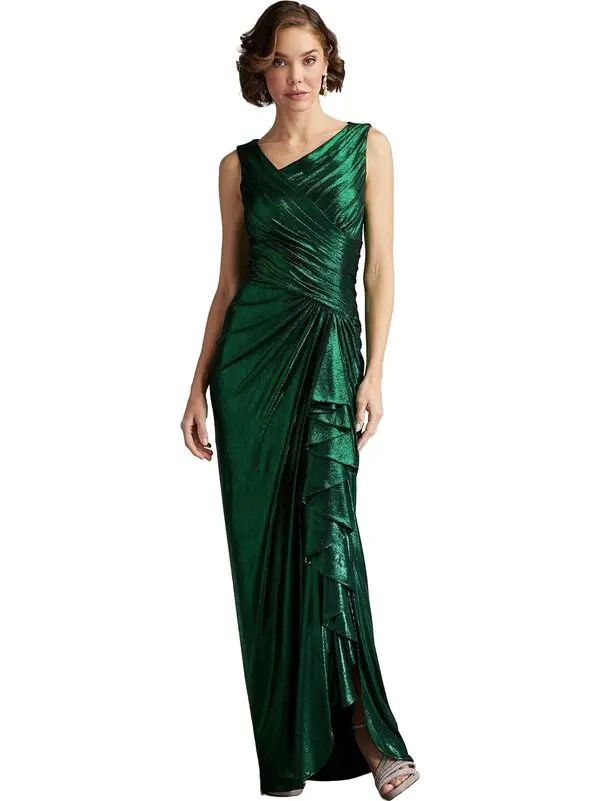 Tadashi Shoji Edana Metallic Waterfall Drape Gown - Pine