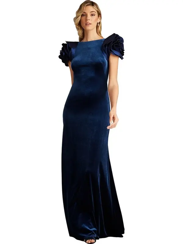 Tadashi Shoji Velvet Gown With Rosette Shoulders - Navy