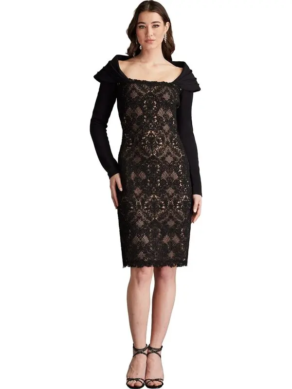Tadashi Shoji Arna Embroidered Portrait Collar Dress - Black/nude