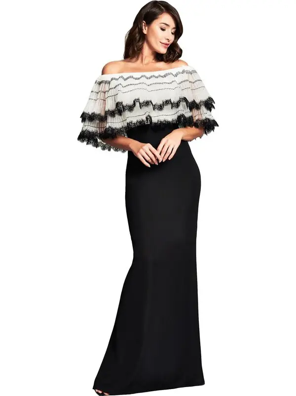 Tadashi Shoji Finnegan Off-shoulder Tulle Gown - White/black