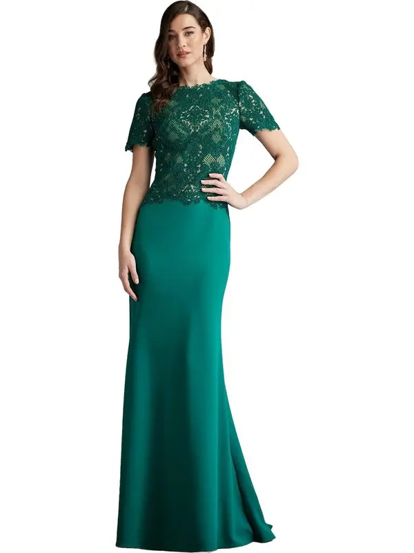 Tadashi Shoji Mitra Lattice Embroidered Bodice Gown - Emerald