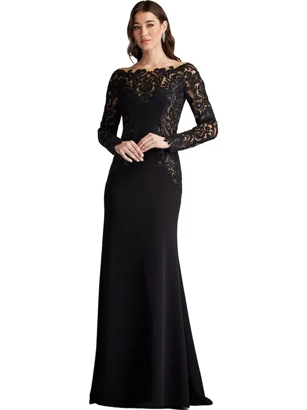 Tadashi Shoji Damita Sequin Embroidered Illusion Gown - Black/nude