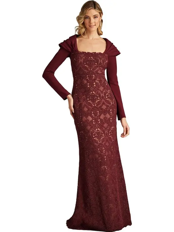 Tadashi Shoji Ambar Embroidered Portrait Collar Gown - Cinnamon