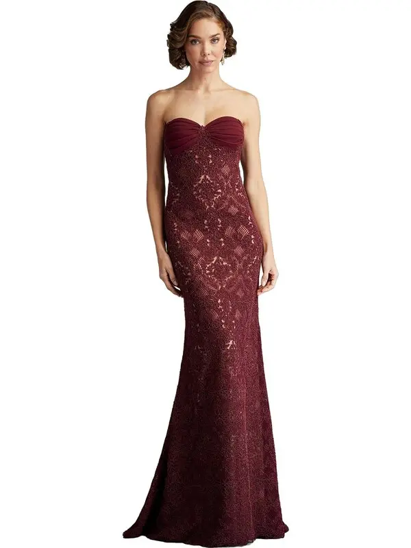 Tadashi Shoji Kohli Strapless Lattice Embroidered Gown - Cinnamon