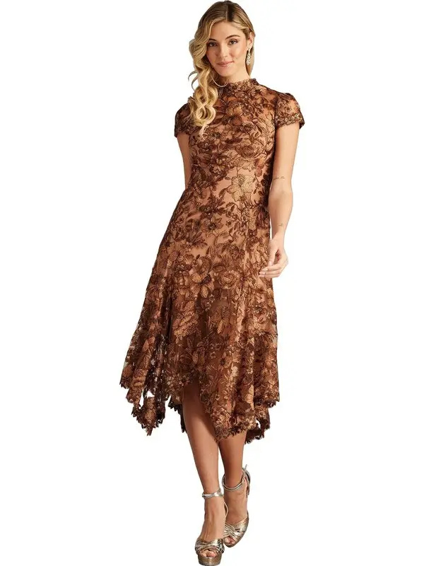 Tadashi Shoji Fauna Embroidered Handkerchief Hem Dress - Mushroom