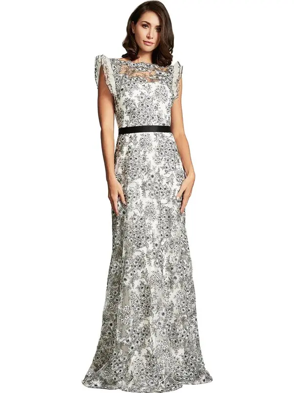 Tadashi Shoji Etsu Floral Illusion Gown - Black/ivory