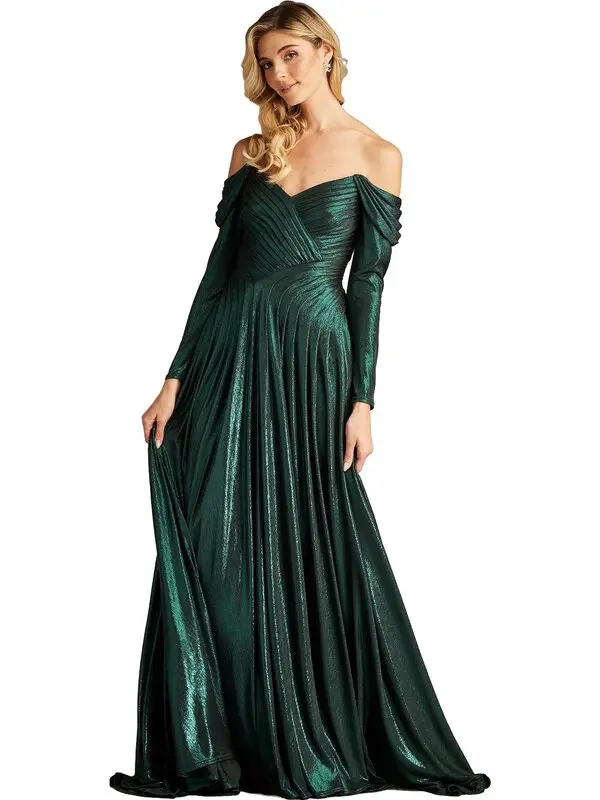 Tadashi Shoji Alysia Off-shoulder Pleated Drape Metallic Gown - Moss