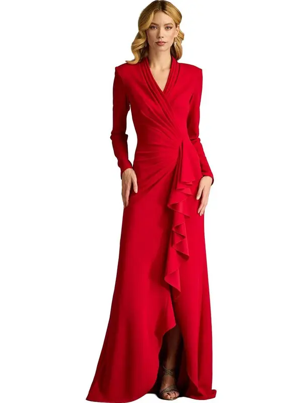 Tadashi Shoji Markum Long-sleeve Flounce Gown - Scarlet