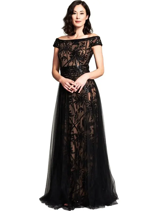 Tadashi Shoji Saeko Shimmering Tulle Gown - Black/nude