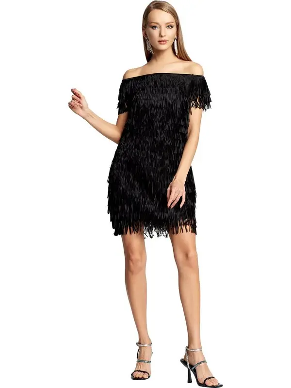 Tadashi Shoji Roxette Laser Cut Fringe Dress - Black