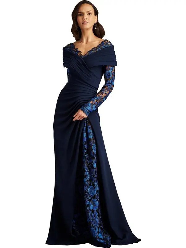 Tadashi Shoji Basel Pleated Crepe Illusion Gown - Midnight