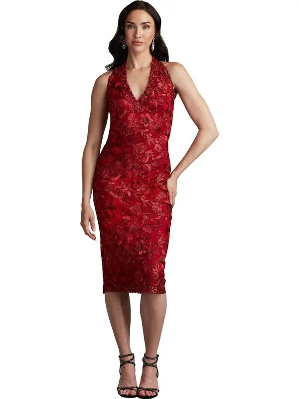 Tadashi Shoji Carlyle Embroidered Halter Dress - Cranberry