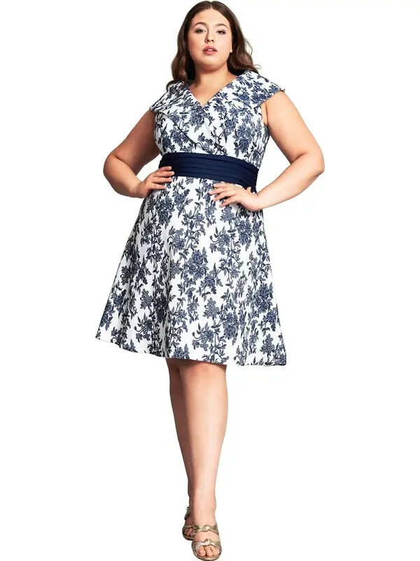 Tadashi Shoji Botan Belted Dress - Navy/ivory