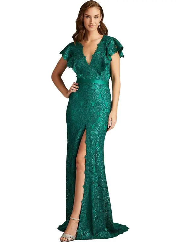 Tadashi Shoji Keck Sequin Embroidered Flutter Sleeve Gown - Pine