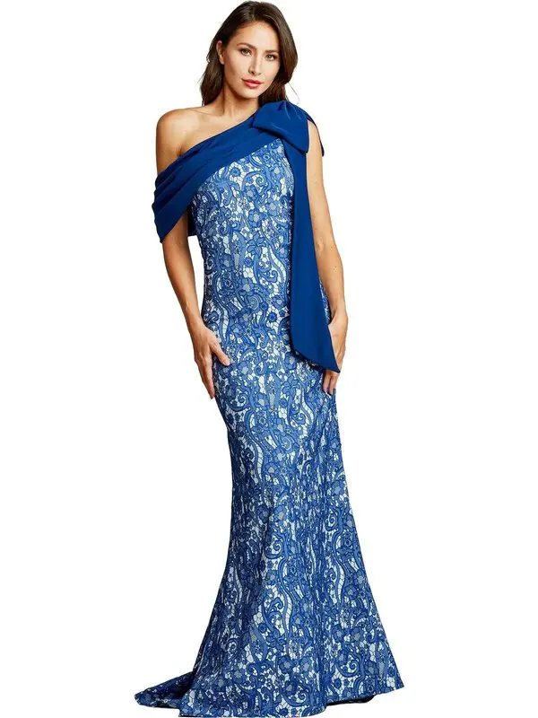 Tadashi Shoji Ahmaya Asymmetric Gown With Statement Bow - Navy/ivory