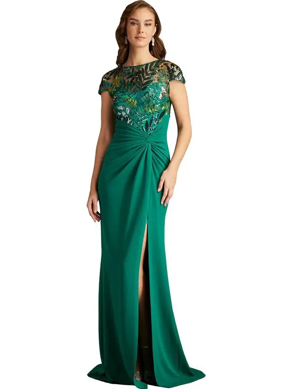 Tadashi Shoji Eleonora Draped Sequin Illusion Gown - Emerald