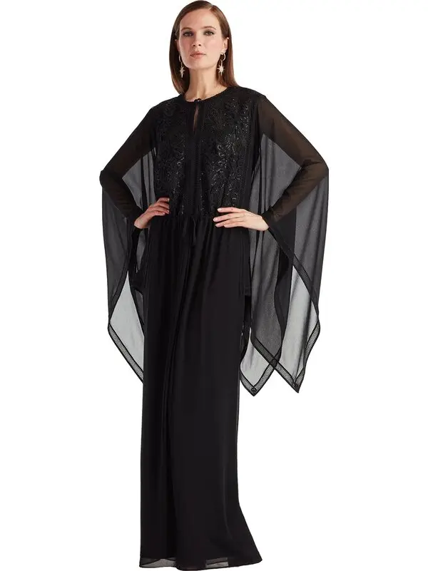 Tadashi Shoji Roena Sequin Embroidered Caftan Gown - Black