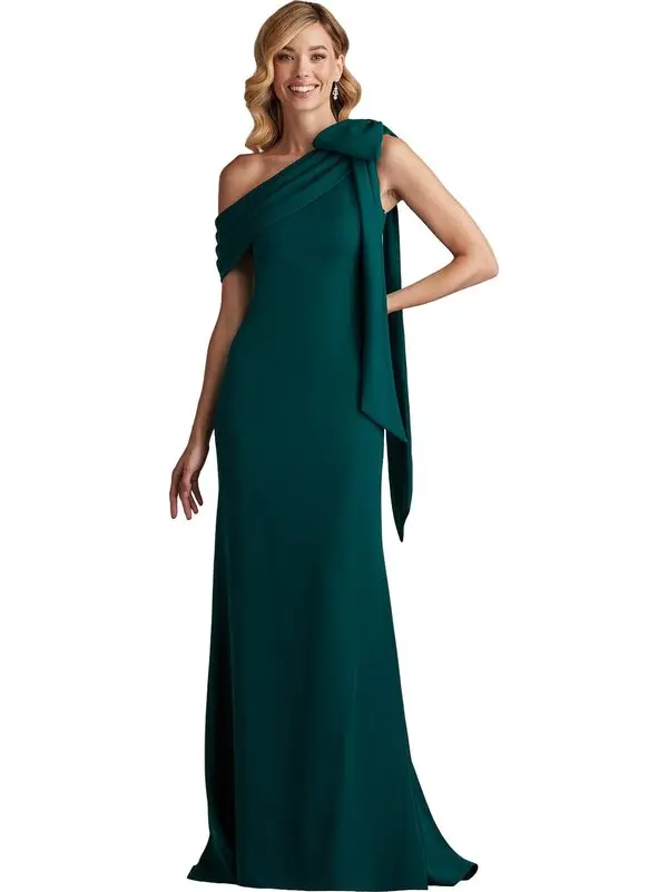 Tadashi Shoji Cassia Bow-shoulder Crepe Gown - Elm