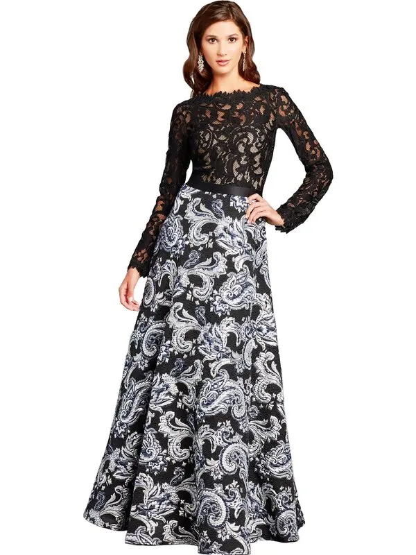 Tadashi Shoji Lace & Paisley Jacquard Gown - Silver/black