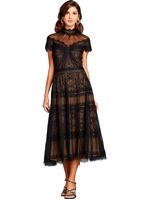Tadashi Shoji Beren Tiered Illusion Dress - Black/nude