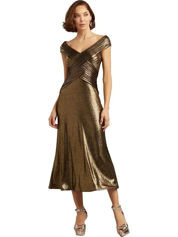 Tadashi Shoji Ancelin Pleated Lamé Dress - Bronze