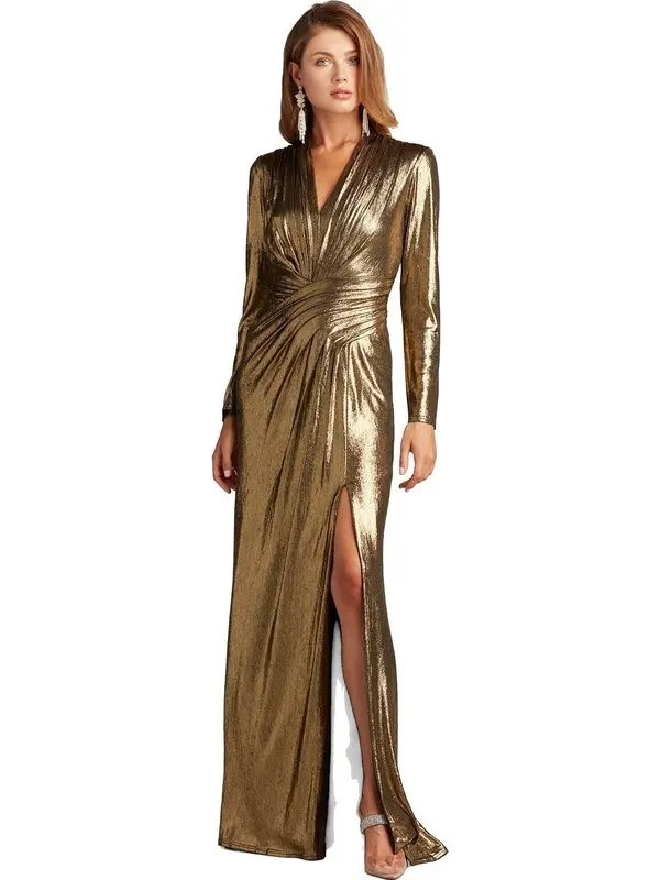 Tadashi Shoji Imanie Draped Lamé Gown - Bronze