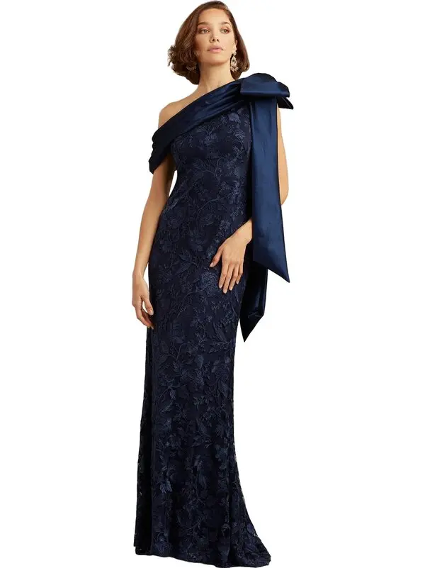 Tadashi Shoji Hamond Draped One-shoulder Gown - Navy