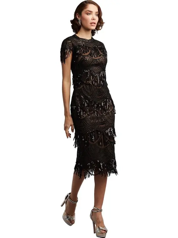 Tadashi Shoji Lorene Sequin Flapper Fringe Dress - Black/nude