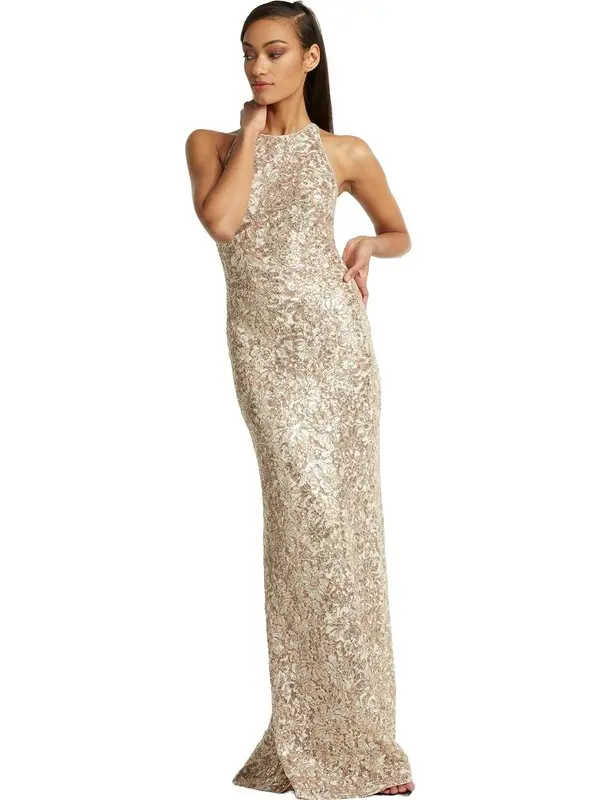 Tadashi Shoji Brinkley Sequin Lace Halter Gown - Champagne