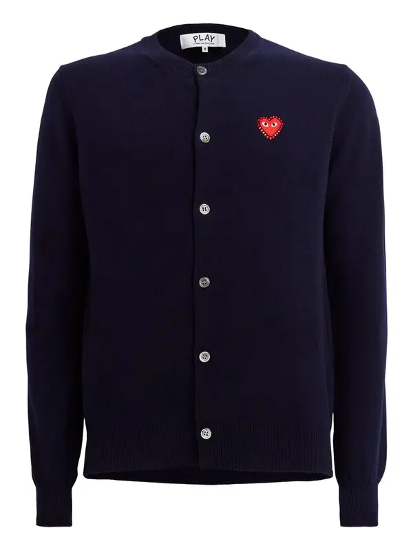 Play Comme Des Garcon Wool Rhinestone Heart Logo Cardigan - Navy
