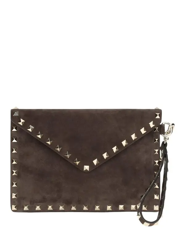 Valentino Garavani Medium Rockstud Suede Clutch - Brown