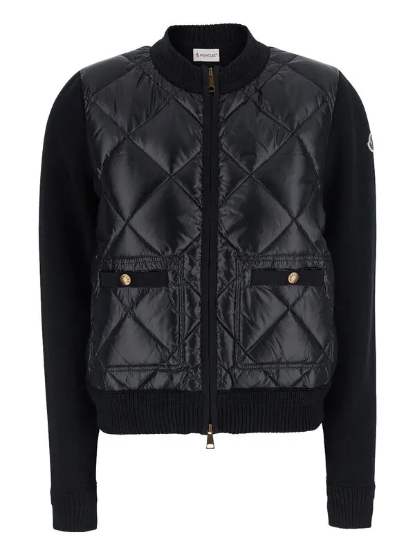 Moncler Black Crew Neck Cardigan With Logo Patch - Multicolor