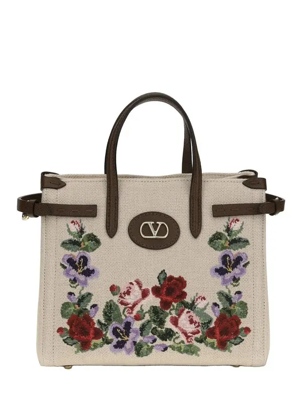 Valentino Garavani Antibes Mini Handbag In Embroidered Linen - Cream