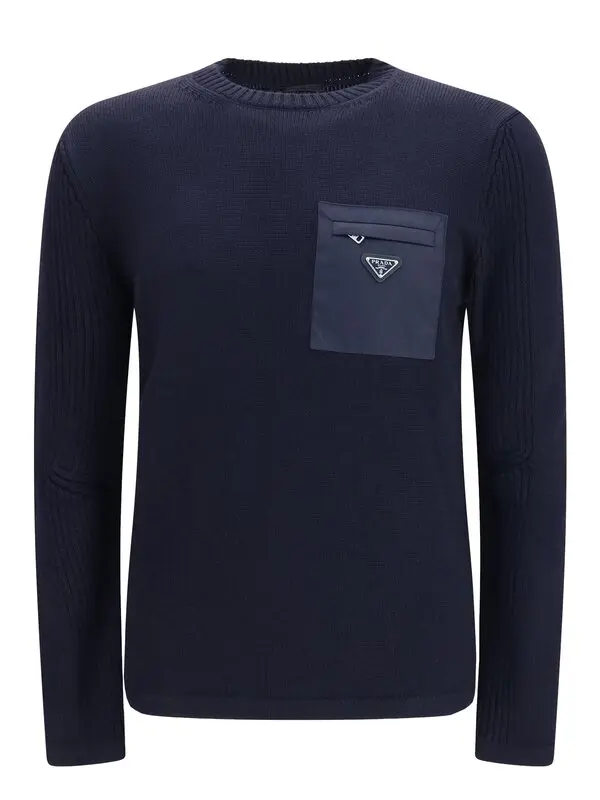 Prada Virgin Wool Crew Neck Sweater With Chest Pocket - Blue