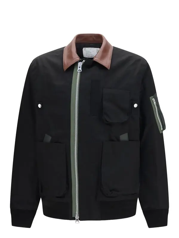 Sacai Cotton Bomber Jacket With Leather Details - Black
