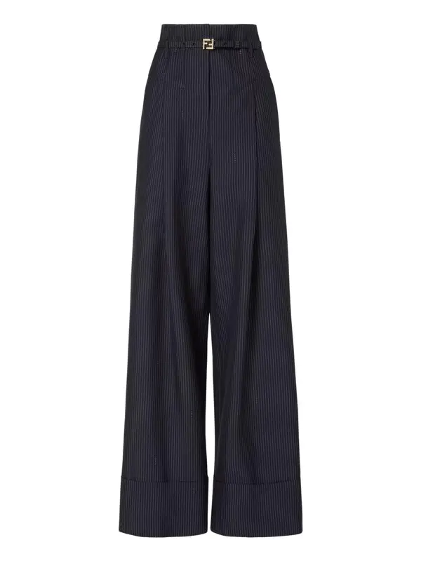 Fendi High-waisted Wool Pinstripe Trousers With Peplum Detail And Ff Buckle Belt - Blu