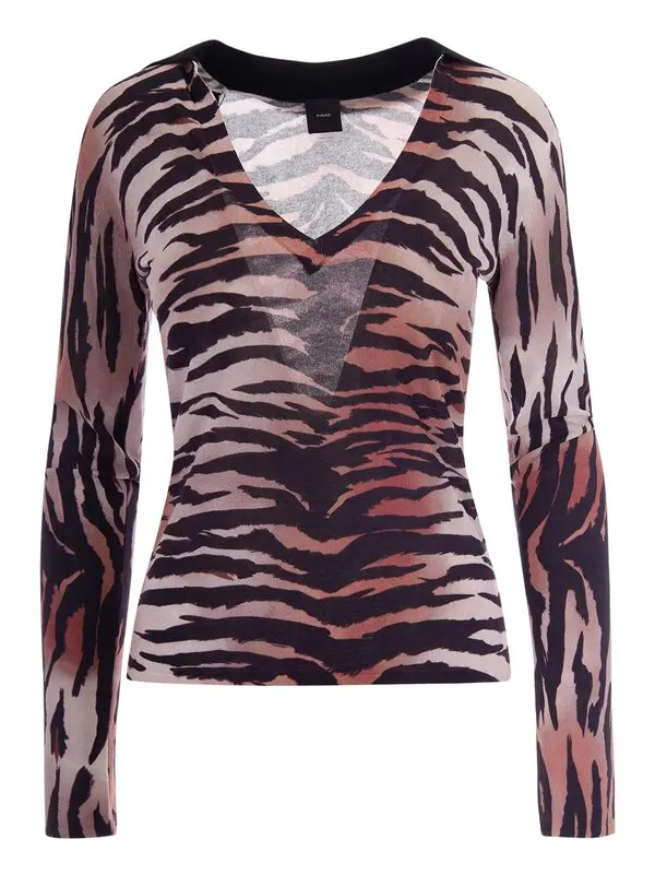 Pinko Tiger Print Long Sleeve V-neck Top - Multi.nero/beige