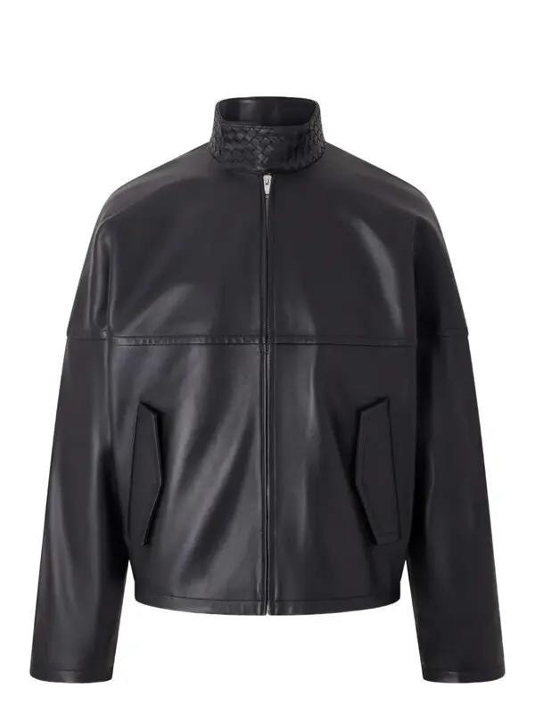 Bottega Veneta Leather Zip Jacket With Woven Stand Collar - Black