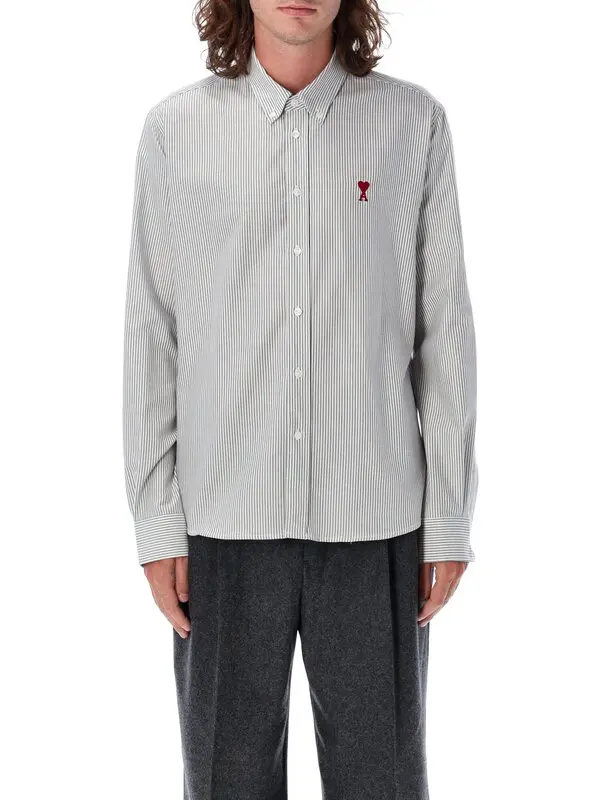 AMI Paris Regular Fit Fine Striped Cotton Shirt With Red Heart Embroidery - Bianco