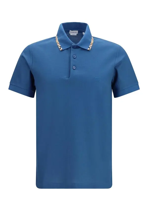 Burberry Cotton Polo With Check Trims - Blue