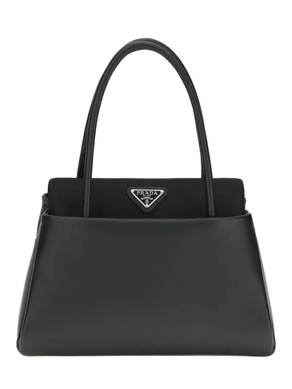Prada Calfskin Leather Top Handle Bag With Triangle Logo - Black