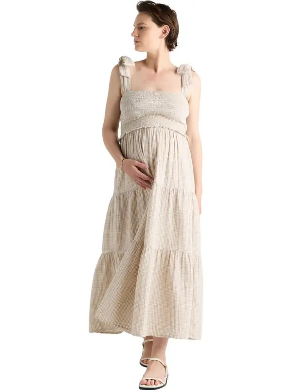 Quince Gauze Smocked Sleeveless Midi Dress - Khaki Gingham