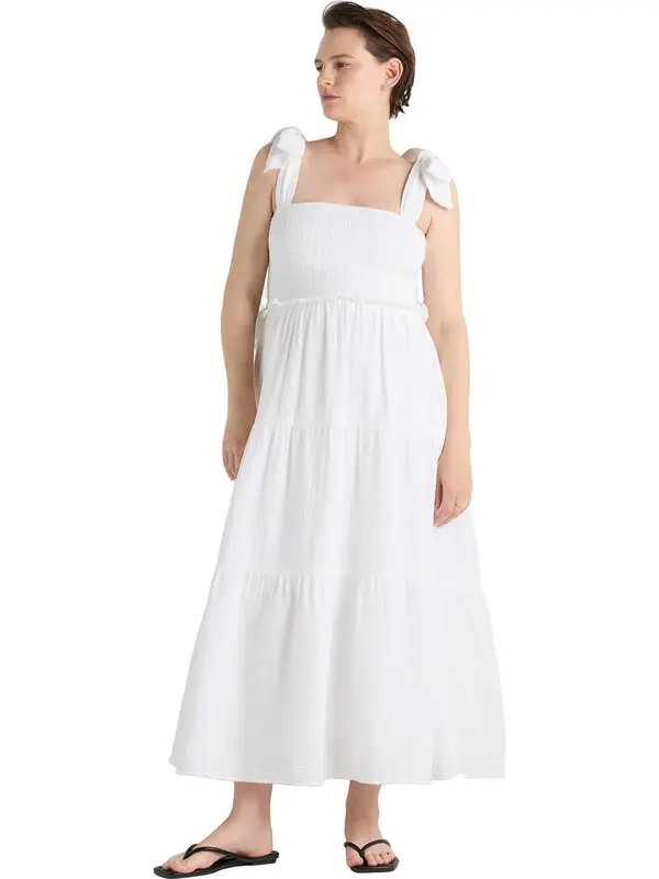 Quince Gauze Smocked Sleeveless Midi Dress - White