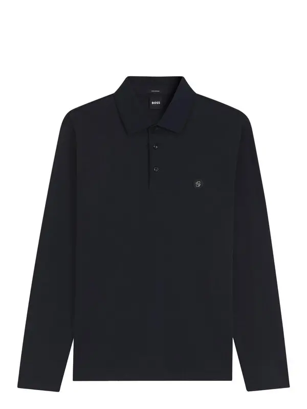 BOSS Long-sleeve Cotton Polo Shirt With Double B Monogram - Dark Blue