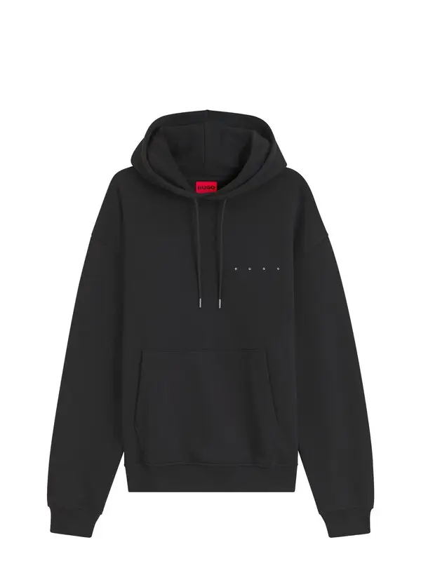 Hugo Cotton Hoodie With Spaced Logo And Back Graphic - Black