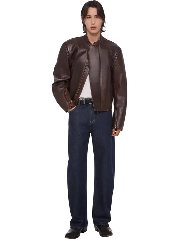 Helmut Lang Glossy Lamb Leather Moto Jacket - Saddle